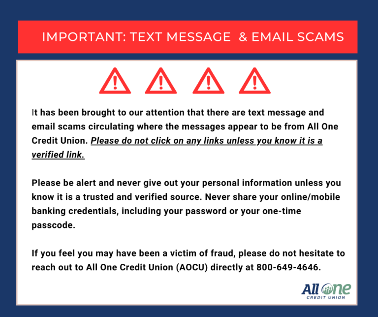 FRAUD ALERT - Text Message and Email Scams - All One Credit Union